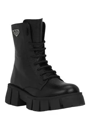 Philipp Plein Leather Lace-up Combat Boots - Black