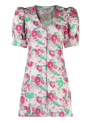 GANNI 3d Jacquard Mini Dress With Puff Sleeves - Multicolor