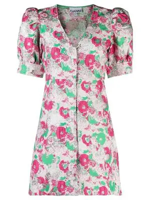 GANNI GANNI 3D Jacquard Mini Dress With Puff Sleeves Multicolor
