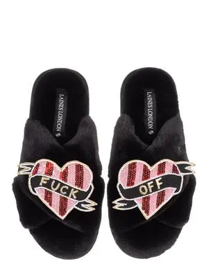 LAINES LONDON Faux Fur Slippers With Heart Brooch Embellishment - Black