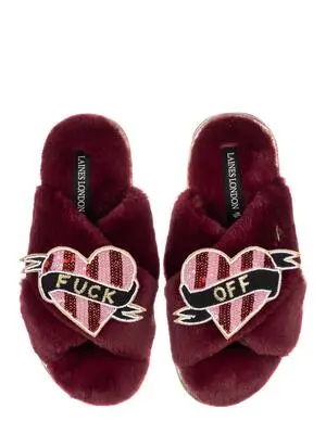 LAINES LONDON Limited Edition Faux Fur Slippers With Heart Brooches - Gold/red