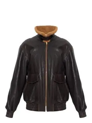 Valentino Garavani Shearling Collar Leather Bomber Jacket - Black