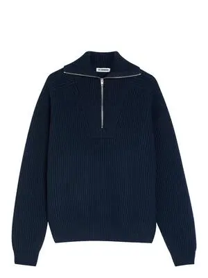 JIL SANDER Ribbed Wool Quarter-zip Jumper - Navy