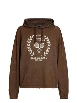 Dolce & Gabbana Distressed Cotton And Polyamide French Terry Hoodie With Drawstring Hem - Brown