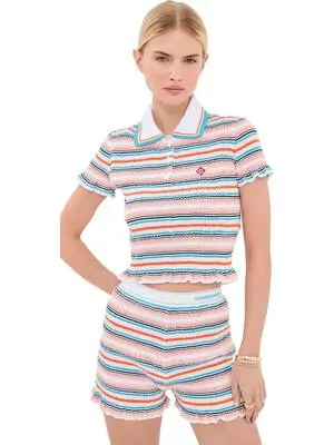 Casablanca Striped Shirred Polo Top - Stripe