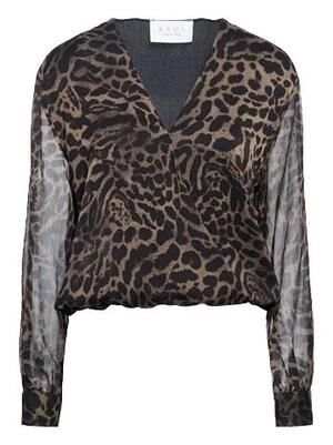 KAOS Leopard Print Georgette V-neck Long Sleeve Top - Black