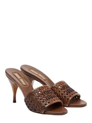 Miu Miu Woven Leather Mules - Brown