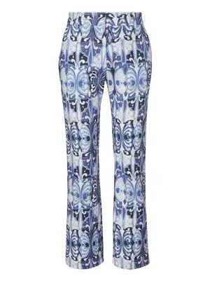La DoubleJ 24/7" Printed Cotton Straight Leg Pants - Blue