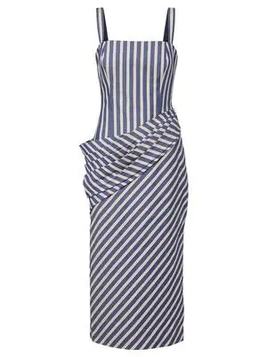 Carolina Herrera Striped Draped Cotton Cocktail Dress - Blue