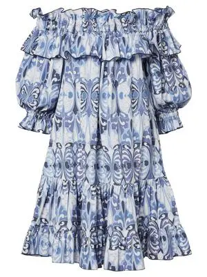 La DoubleJ Breakfast Printed Cotton Poplin Mini Dress - Blue