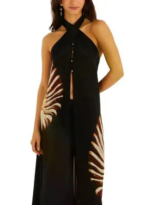 Farm Rio Ammonite Print Halterneck Top - Black