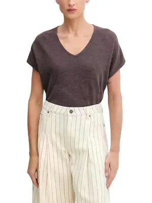 BENETTON V-neck Waffle-knit Short Sleeve Top - Brown