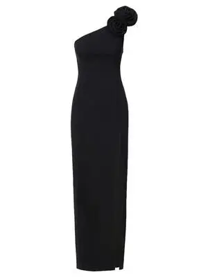 LITA COUTURE Asymmetric Neck Rosette Maxi Dress - Black