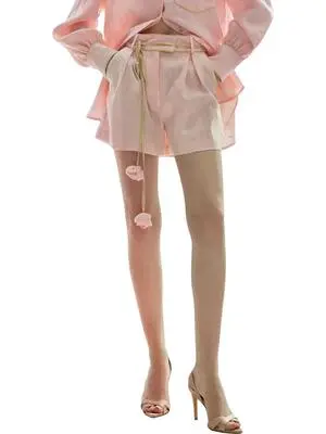 LITA COUTURE LITA COUTURE Pink Linen Belted Shorts With Rosette Detail