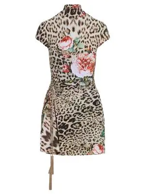 Roberto Cavalli Leopard And Floral Print High Neck Dress - Neutrals