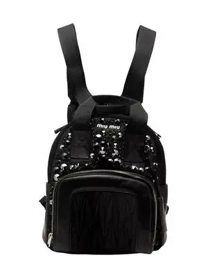 Miu Miu Leather Trimmed Matelasse Crystal Embellished Nylon Backpack - Black