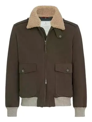 Brunello Cucinelli Waxed Techno Cotton Bomber Jacket With Detachable Shearling Collar - Grey