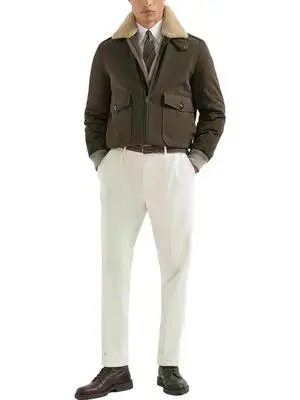 Brunello Cucinelli Waxed Techno Cotton Bomber Jacket With Detachable Shearling Collar - Grey