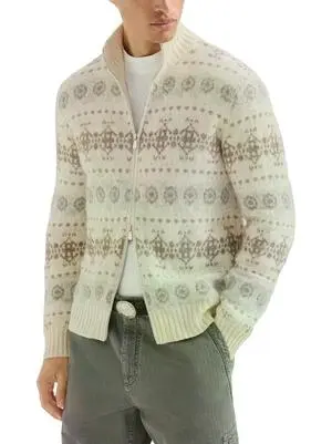 Brunello Cucinelli Cashmere Jacquard High-neck Zip Cardigan - Neutrals