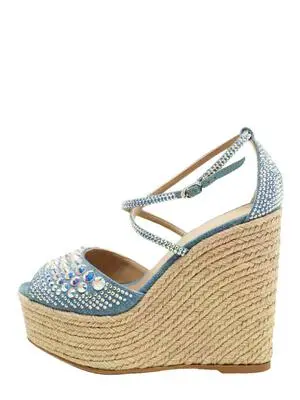 LE SILLA Embellished Denim Wedge Sandals - Blue