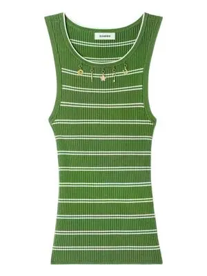 Sandro Striped Charm-embellished V-neck Tank Top - Green