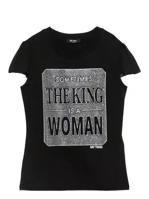 MY TWIN Slogan Print Flutter-sleeve Cotton T-shirt - Black
