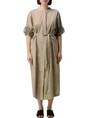 MEIMEIJ Belted Fringed Sleeve Dress - Neutrals