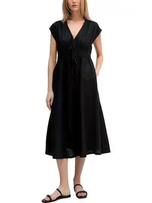 BENETTON V-neck Midi Dress With Drawstring Waist - Black