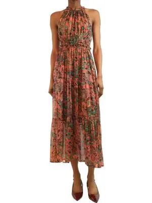 A.L.C. Floral Print Lurex Halterneck Maxi Dress - Orange