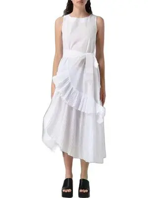 MEIMEIJ Asymmetrical Pleated Trim Dress - White