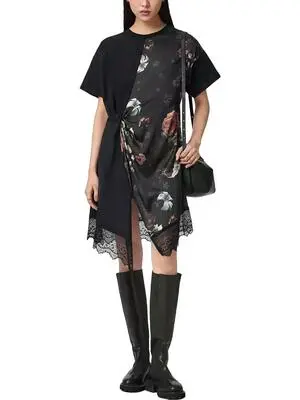ALLSAINTS Floral Print Lace Trim Midi Dress - Black