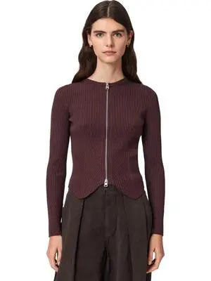 ALLSAINTS Cruz Ribbed Dual Zip Cardigan - Brown