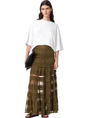 ALLSAINTS Maggie Tiered Lace Maxi Skirt - Green