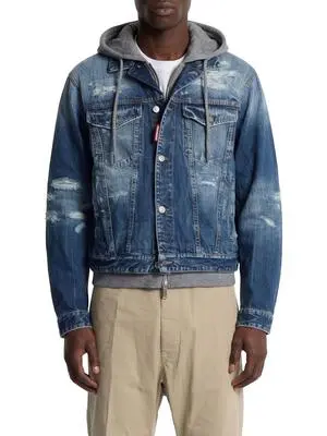 Dsquared2 Distressed Denim Jacket With Hood - Blue
