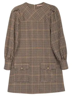 Dolores Promesas Margot Houndstooth Puff Sleeve Dress - Grey