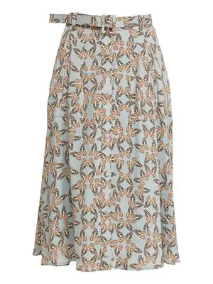 DOLORES PROMESAS Butterfly Print Midi Skirt With Belt - Blue