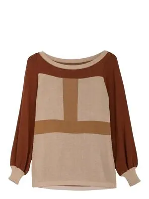 Dolores Promesas Color Block Puff Sleeve Sweater - Brown