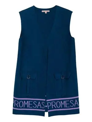 Dolores Promesas Long Tricot Vest With Buckle Pocket Details - Blue