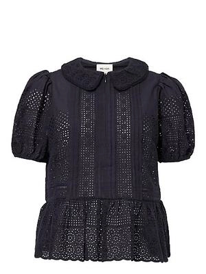 ME+EM Broderie Peplum Hem Cotton Top - Navy