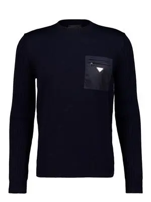 Prada Wool Crew Neck Sweater With Nylon Patch Pocket - Blue