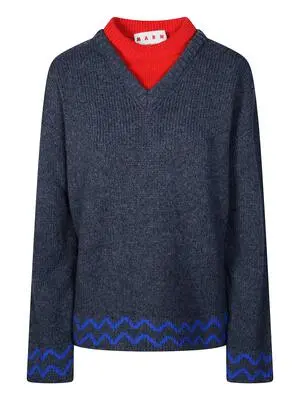 Marni V-neck Sweater With Geometric Trim - Nero