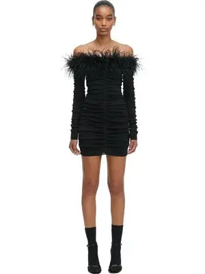 SELF-PORTRAIT SELF-PORTRAIT Feather-Trimmed Ruched Mini Dress