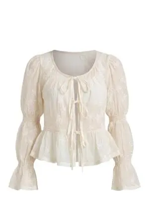 Saachi Floral Embroidered Lace Tie-front Peplum Top - White