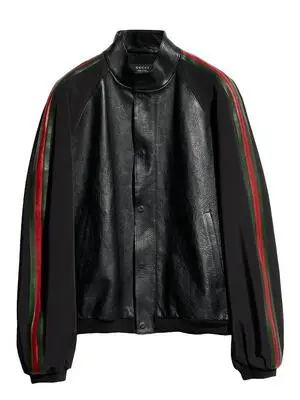 Gucci Leather Bomber Jacket With Web Detail - Black