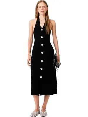Maje Viscose Halterneck Dress With Floral Jewel Details - Black