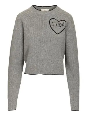 Chloé Ribbed Wool And Cashmere Cropped Fitted Sweater With Embroidered Heart Logo - Gray
