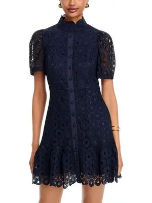 Aqua Geo Lace Short Sleeve Mini Dress Exclusive - Navy