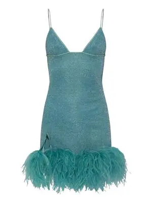 Oseree Feather Embellished Spaghetti Strap Deep V-neck Dress - Blue