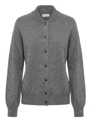 Brunello Cucinelli Long-sleeved Crewneck Cardigan With All-over Sequin Embellishment - Gray