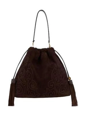 Etro Large Suede Kalispera Bag With Patch And Tassels - Dark Brown